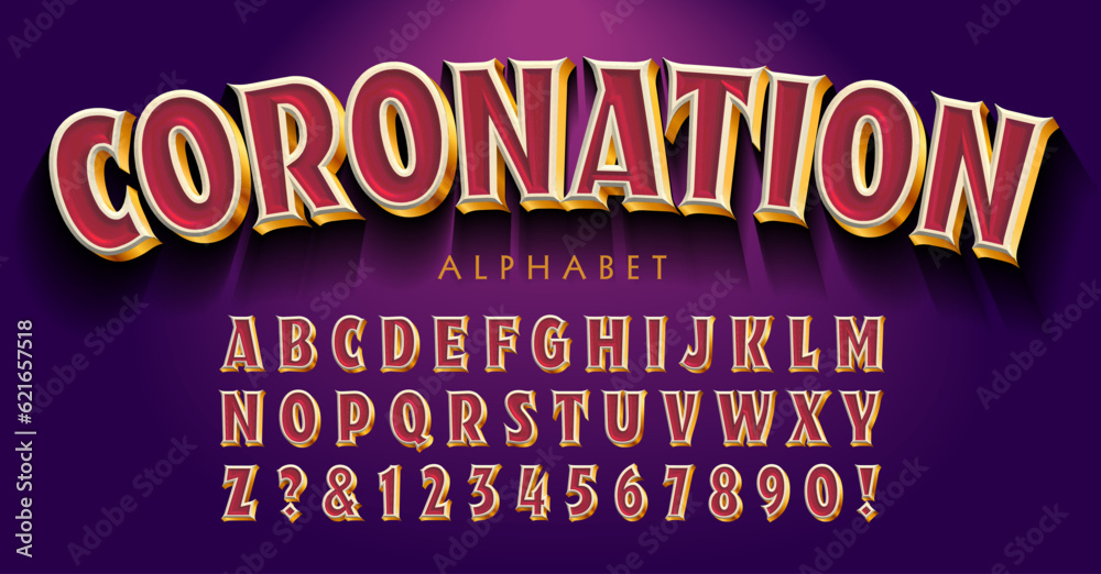 Coronation is a layered 3d effect alphabet with highlights and gold ...