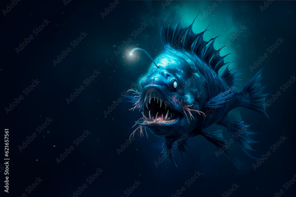 Angler fish on background of dark blue water realistic illustration art ...