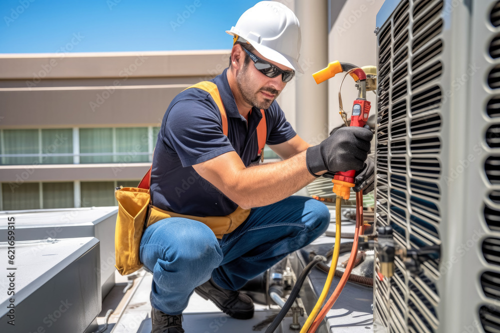 Technician working on air conditioning outdoor unit on hot sunny day ...