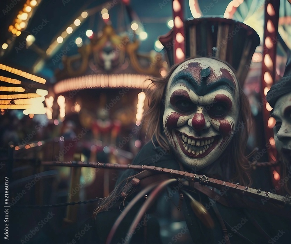 scary clown a sinister, dilapidated carnival with twisted rides and ...