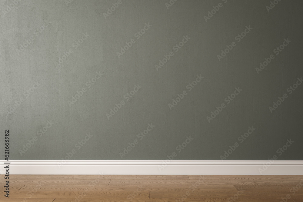 Blank dark green wall in house, baseboard on wooden parquet in sunlight ...