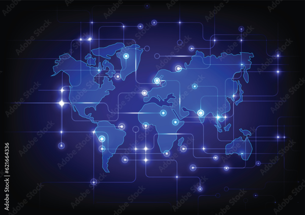 Vector illustration of world map background with circuit line conection ...