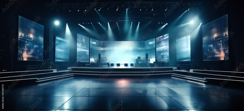 TV live performance studio set in preparation. Large scale monitors ...