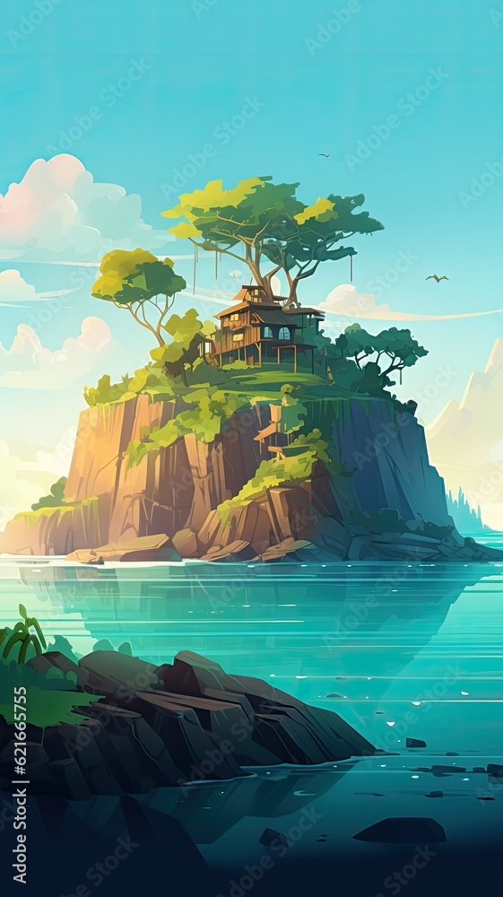 House on cliffs of an island background illustration image, graphic ...