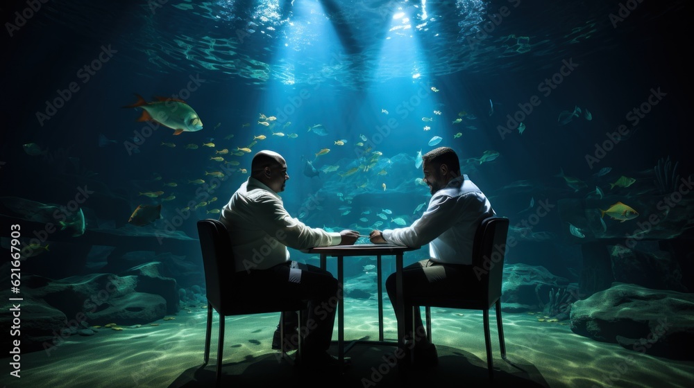 Two men sitting at a table in front of a fish tank. Generative AI image ...