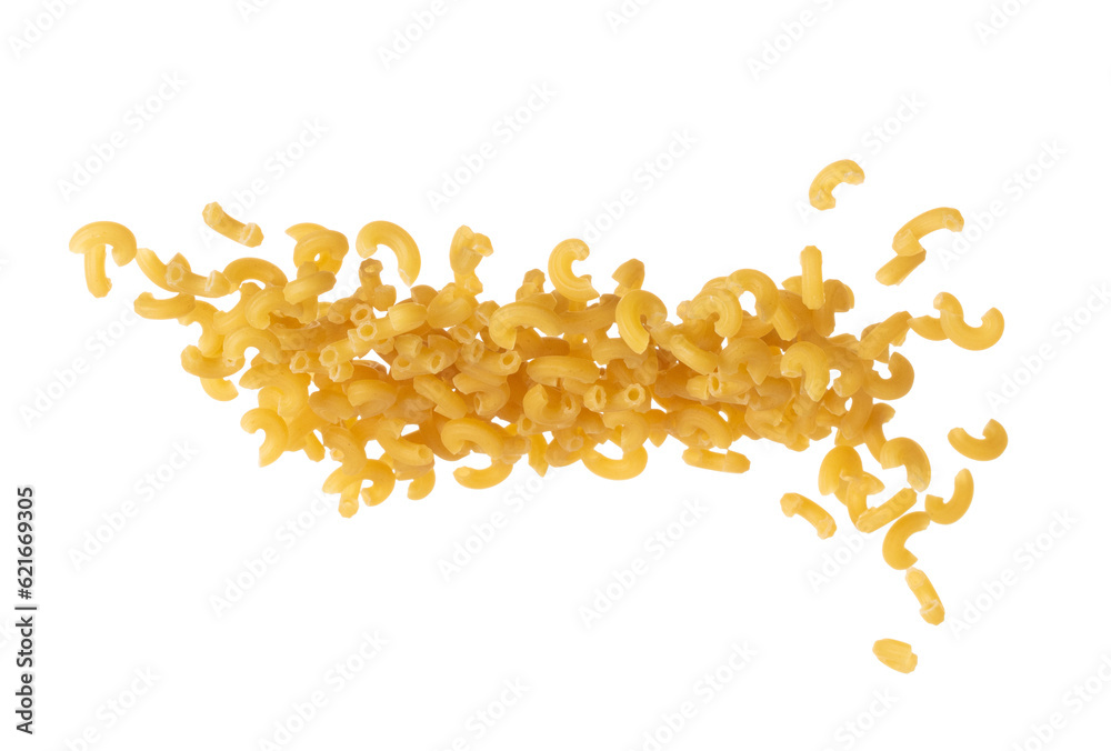 Macaroni flying explosion, yellow macaronis pasta float explode ...