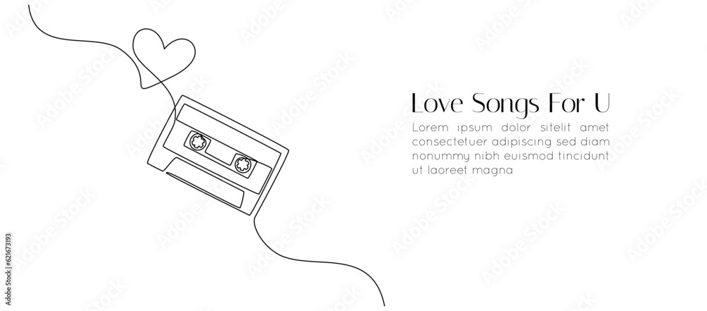 One continuous line drawing of audio cassette tape with heart. Retro ...
