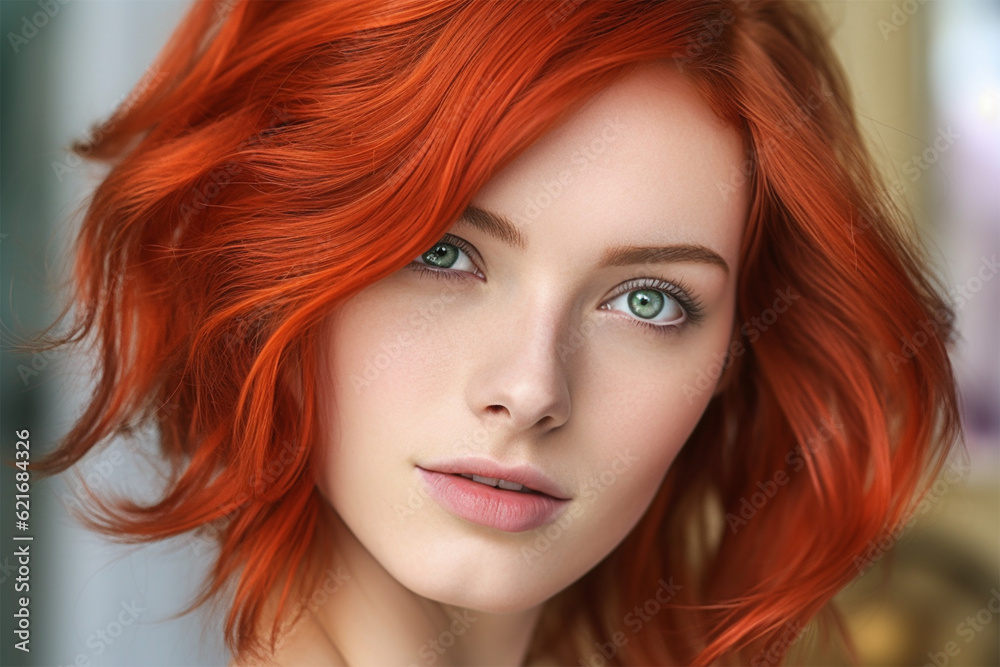 portrait of a young woman with bright red hair color and hairstyle ...