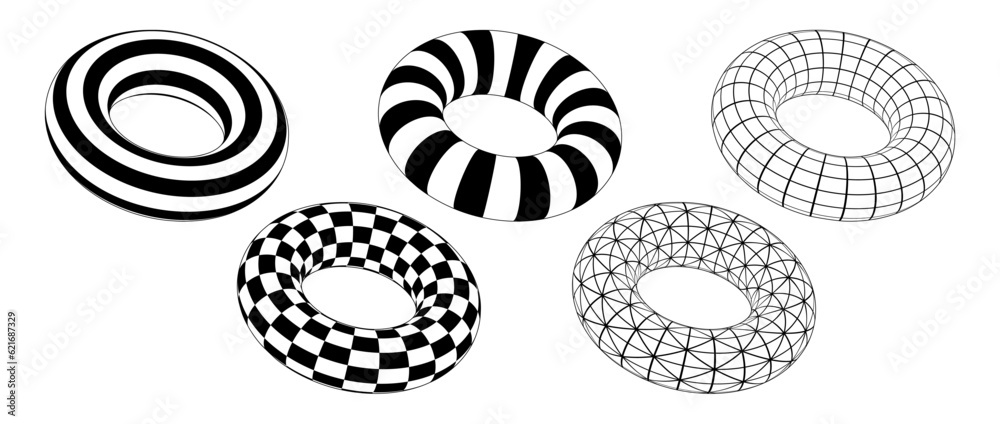 Set Of Torus With Different Patterns Wireframe Circle Object With Lines Dots Squares 3d Grid