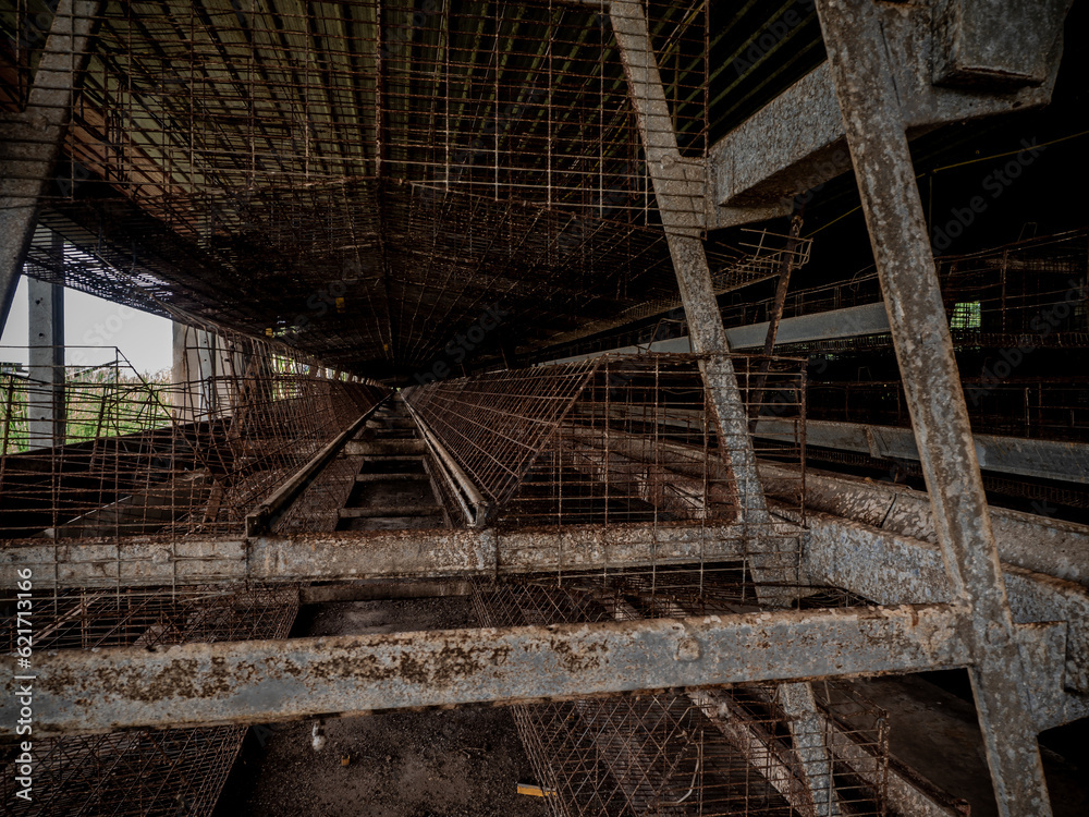 The empty laying cages of poultry houses, old, decayed, abandoned Stock ...