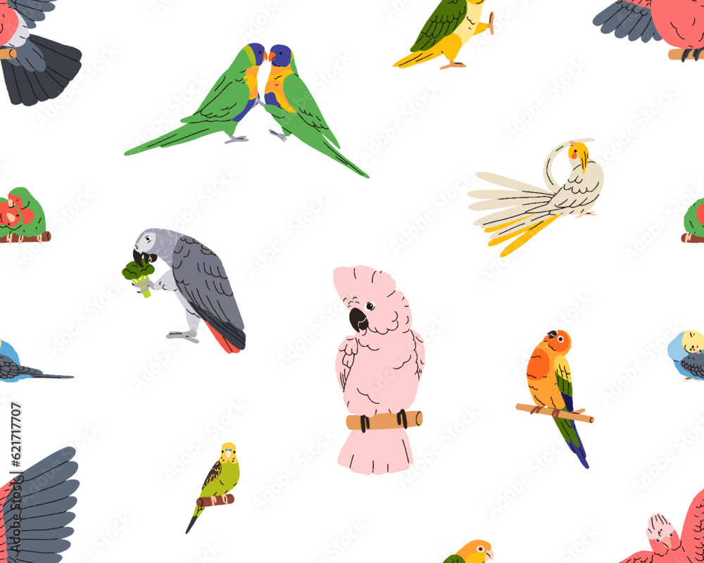 Parrots, exotic seamless pattern. Endless tropical background, jungle ...