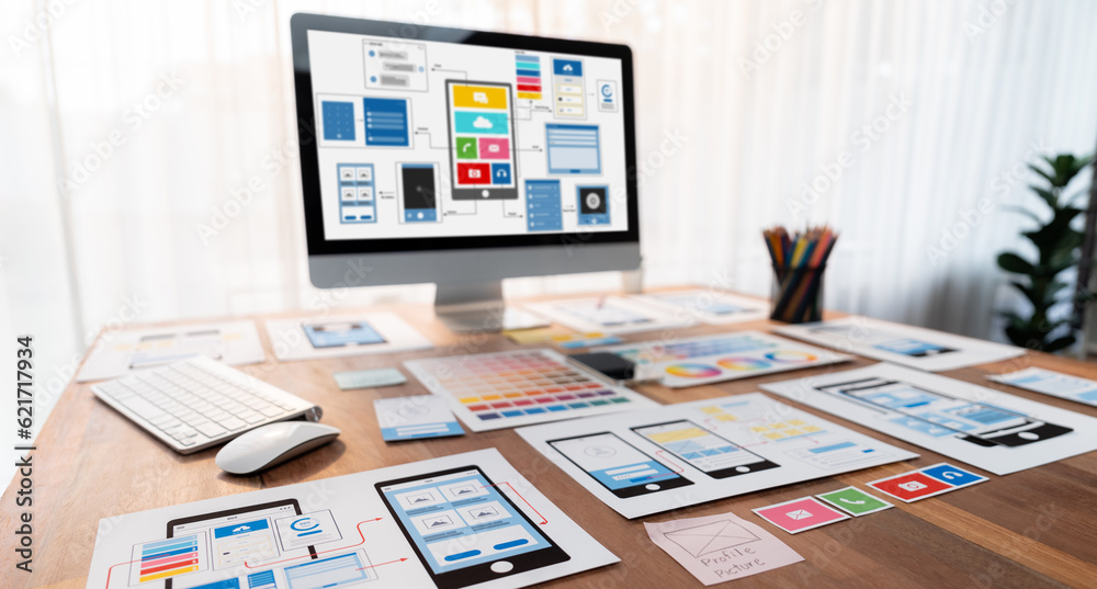 Digital and paper wireframe designs for web or mobile app UI UX display ...