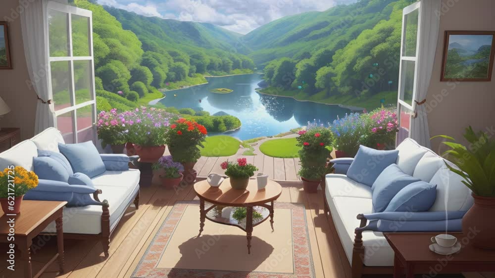 Beautiful and peaceful fantasy landscape background seen from the ...