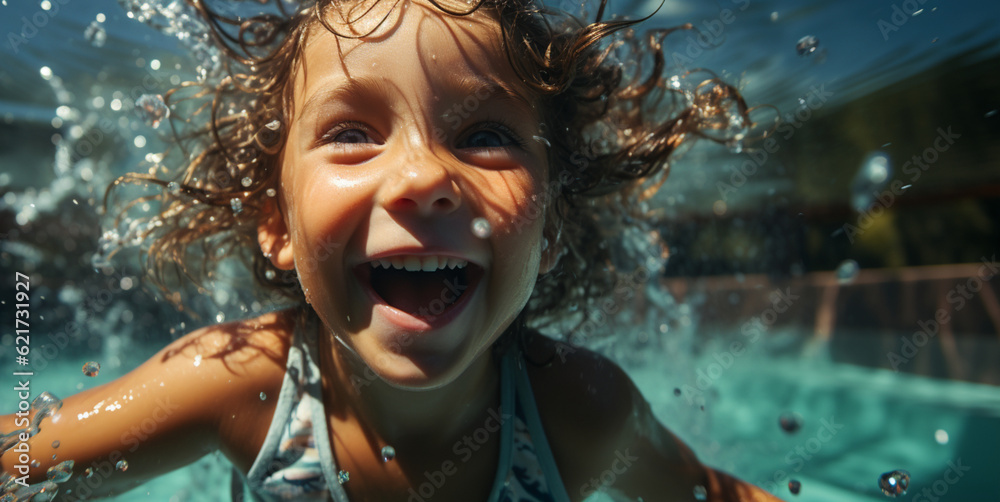 Foto de Freude im Wasser: Ein fröhliches Kind schwimmt unter Wasser im ...