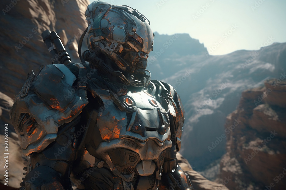 Portrait of sci-fi robot android science fiction cyborg with strong ...