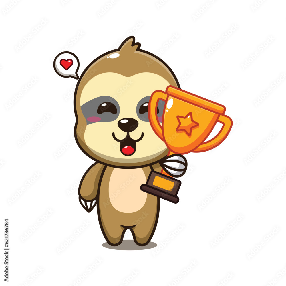 cute sloth holding gold trophy cup cartoon vector illustration. Stock ...