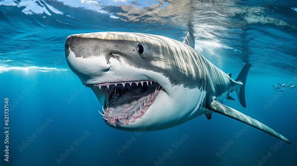 A close-up photograph of a majestic tiger shark, its rows of sharp ...