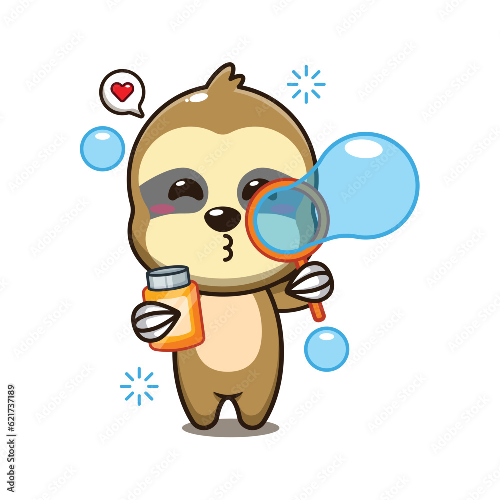 Cute Sloth Blowing Bubbles Cartoon Vector Illustration Stock Vector