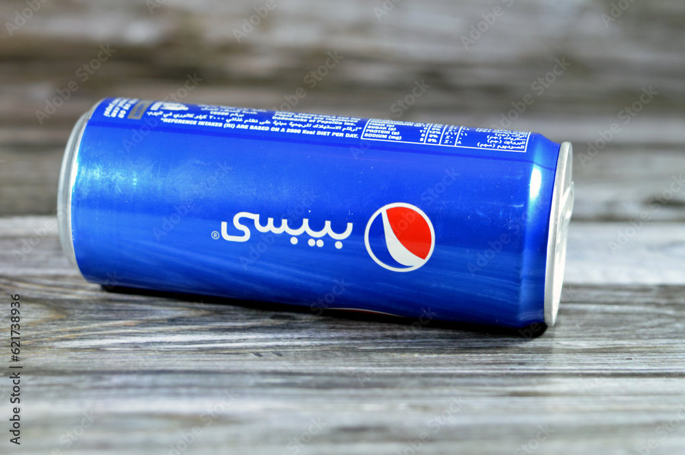 Cairo, Egypt, June 24 2023: Pepsi can, a Cola flavor plastic bottle, a ...