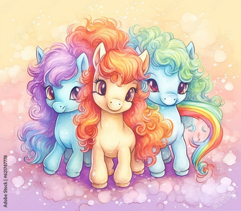 three little pony with long hair and rainbow manes are standing ...