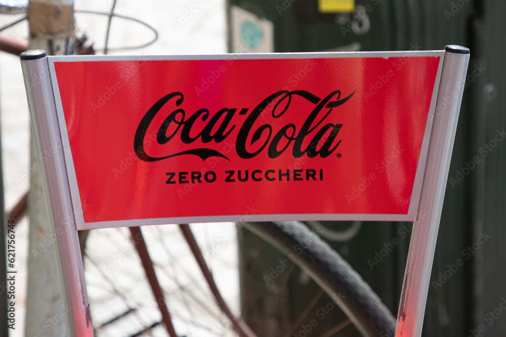 Coca Cola zero zuccheri sign brand and italy text logo on seat chair ...