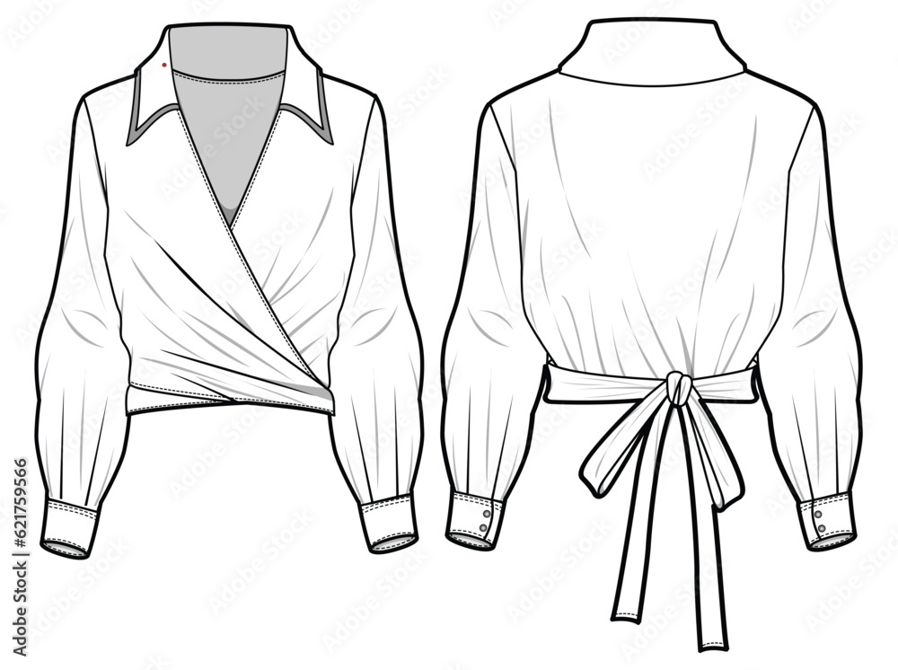 Bishop Sleeve Wrap Around Back Tie Collared Crop Top Front and Back ...