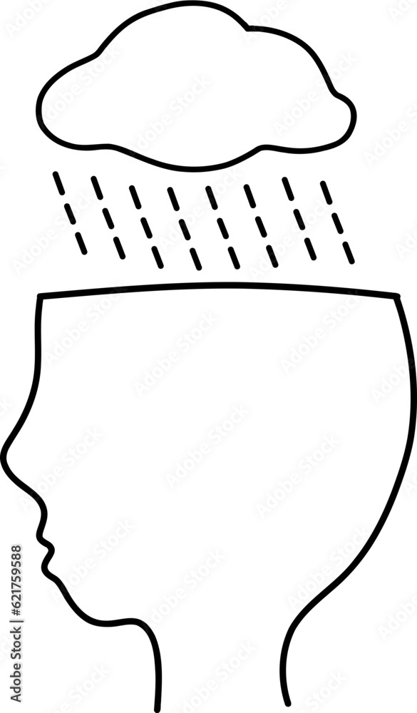 head profile with rainy cloud, mental health - negative emotion symbol ...