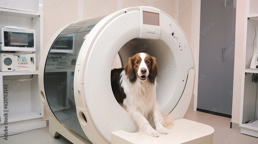 Dog lying on table before scanning in MRI equipment in veterinary ...