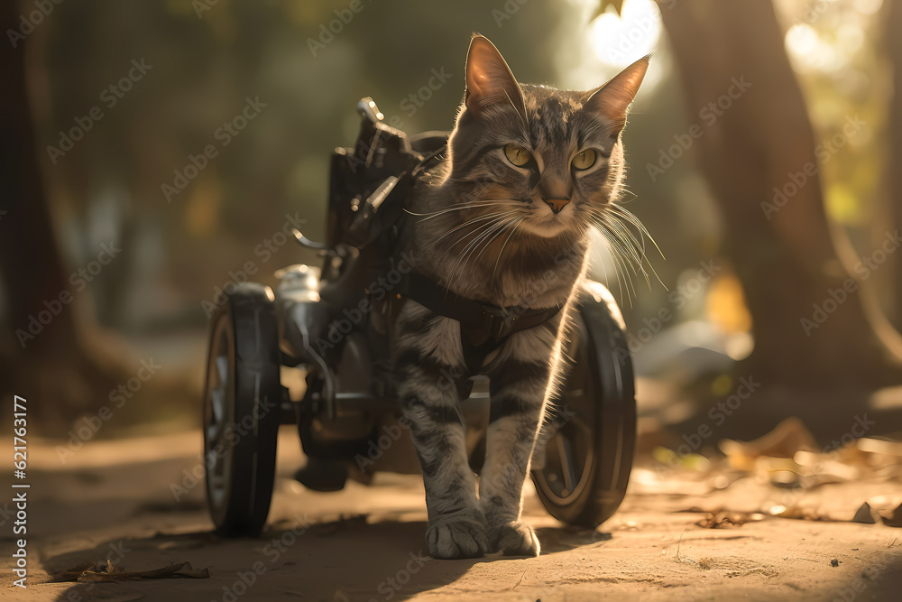 Handicapped cat in wheelchair at park, pet disabled walk in summer day ...