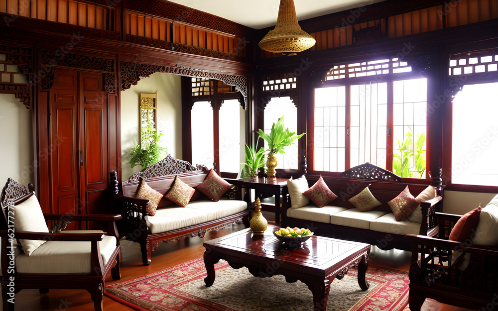 Javanese Living room interior indoor display by shining bright sunlight ...