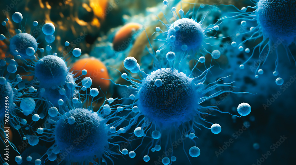 cells in various shades of blue, representing the evolving stages of ...