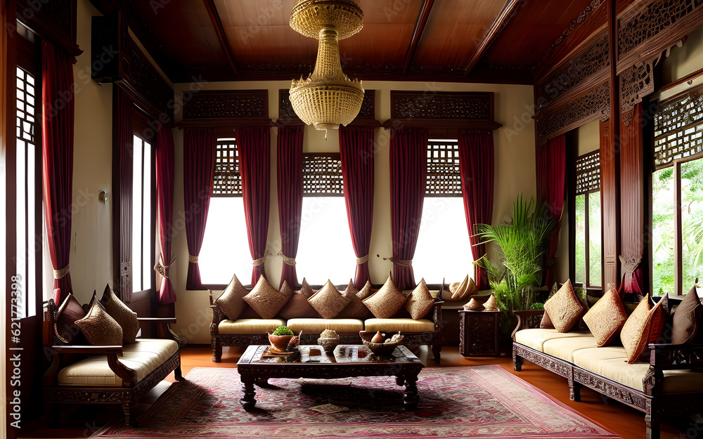 Javanese Living room interior indoor display by shining bright sunlight ...
