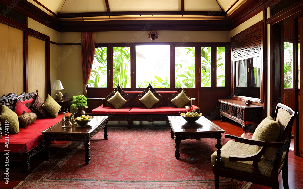 Javanese Living room interior indoor display by shining bright sunlight ...