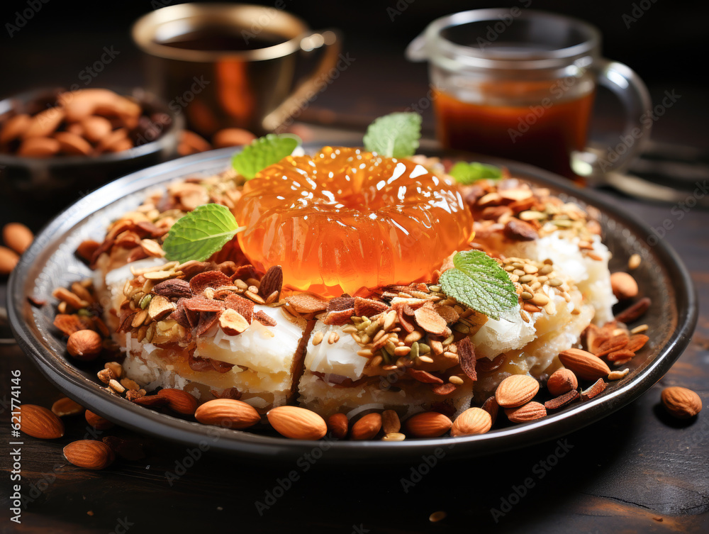 Gourmet Arabic Cuisine: Assortment of Middle Eastern desserts. nuts ...