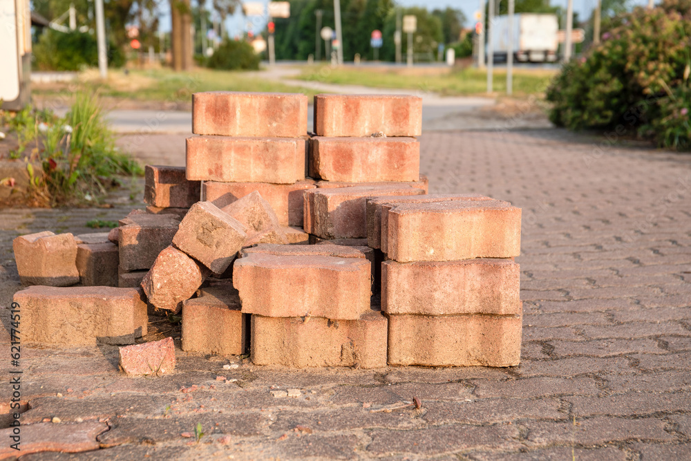 Paving slabs at construction site, material for restoration of road ...