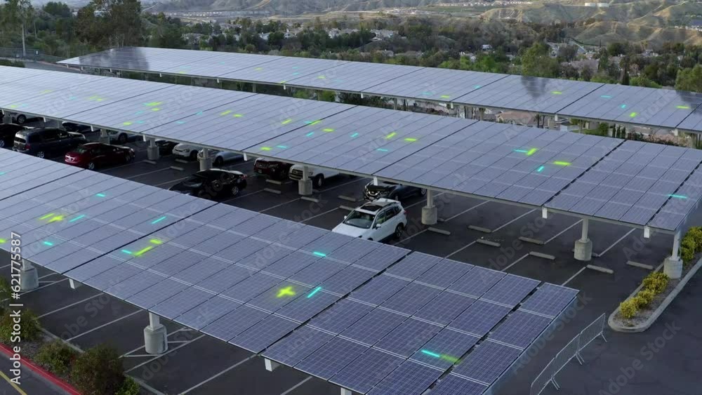 Electricity moving through solar panel at a photovoltaic EV shelter ...