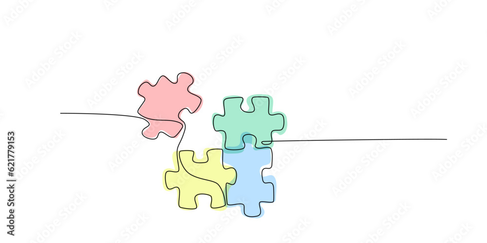 Continuous single line drawing of four puzzle pieces. Problem solving ...