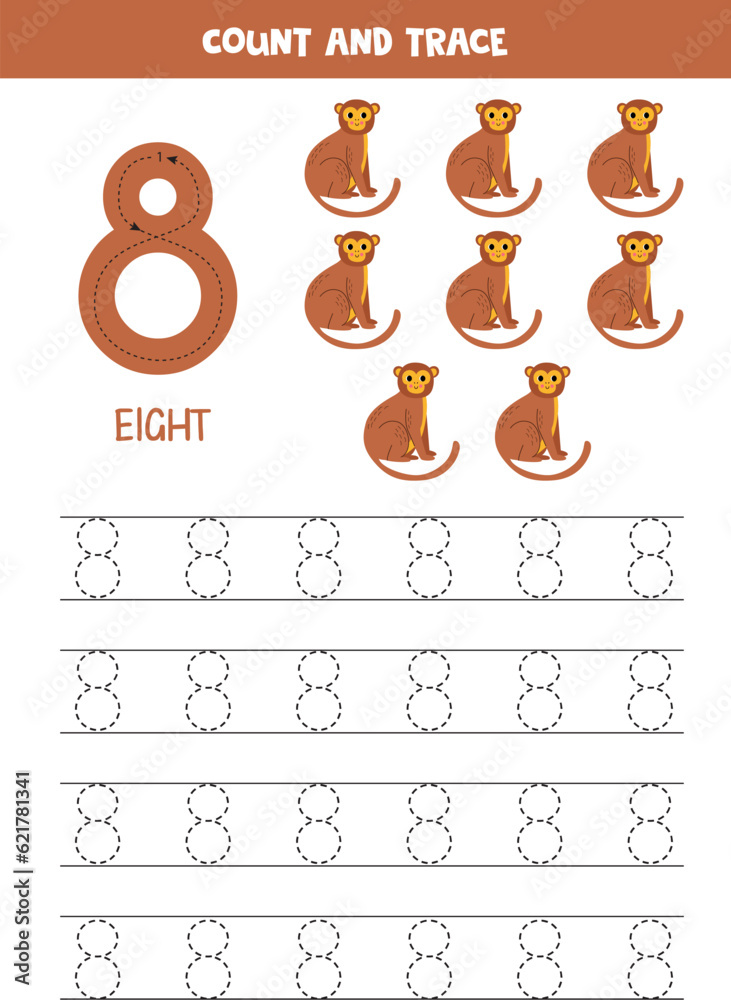 Trace numbers. Number 8 eight. Cute cartoon monkeys. Stock Vector ...