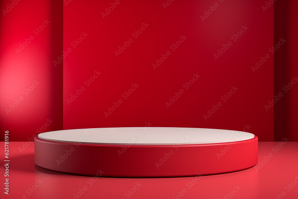 Pedestal of platform display with modern stand podium on red room ...