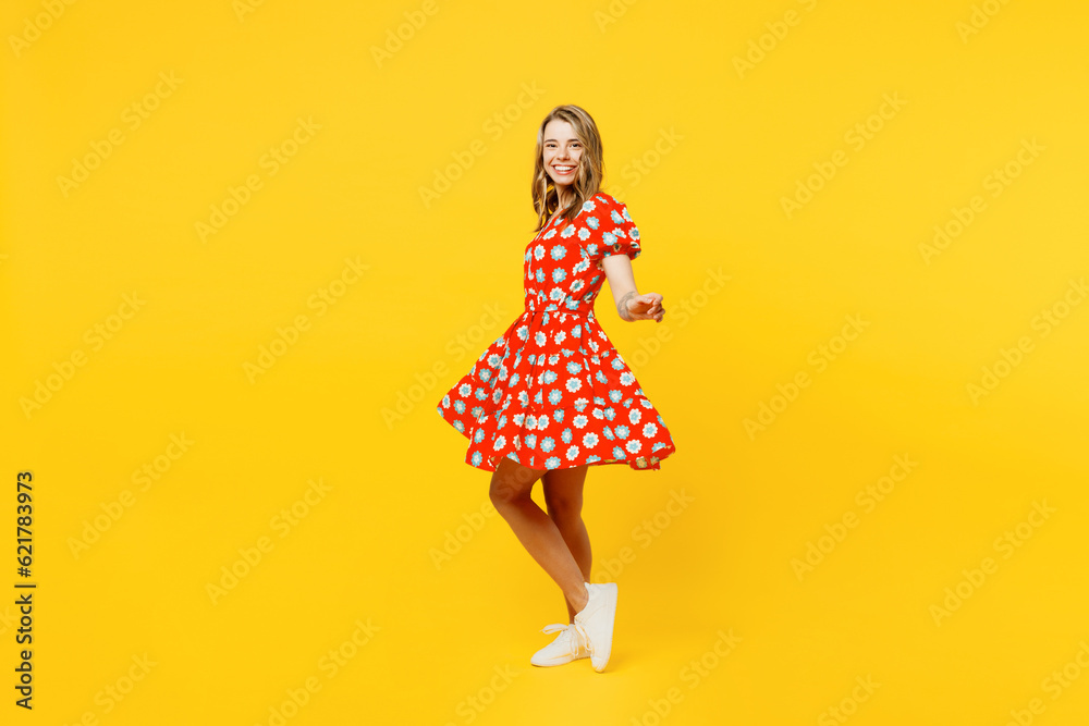 Full body side profile view young cheerful smiling caucasian woman she ...