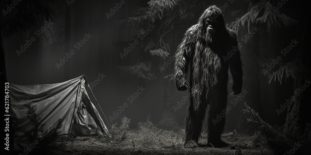 Black and white portrait of a Bigfoot wood ape in a North American ...