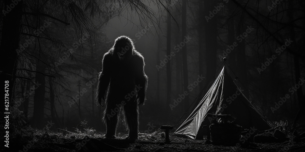 Black and white portrait of a Bigfoot wood ape in a North American ...