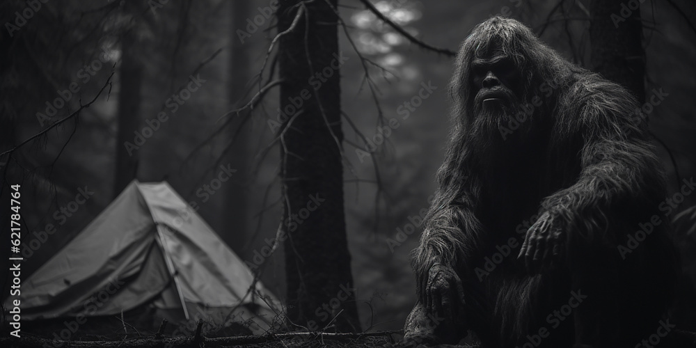 Black and white portrait of a Bigfoot wood ape in a North American ...