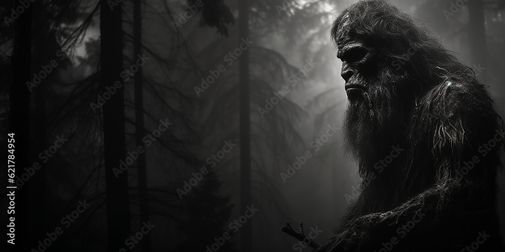 Black and white portrait of a Bigfoot wood ape in a North American ...