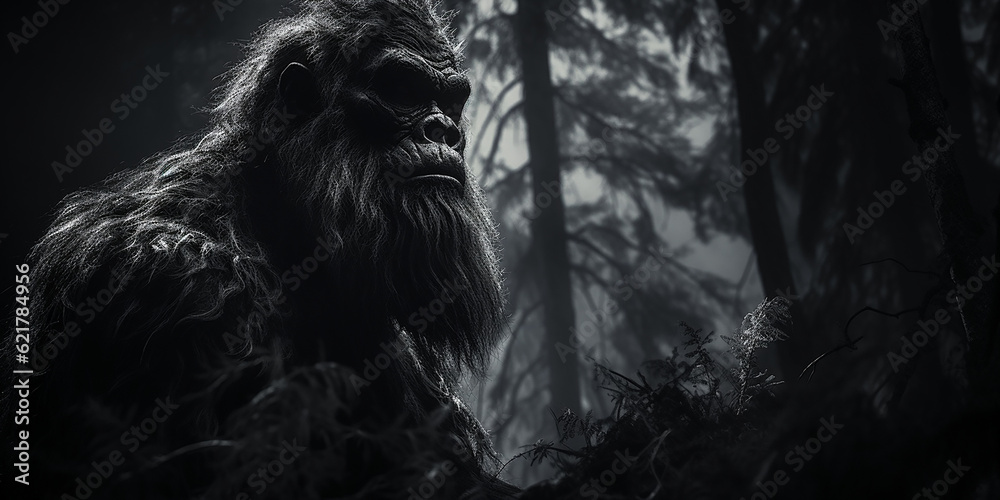 Black and white portrait of a Bigfoot wood ape in a North American ...