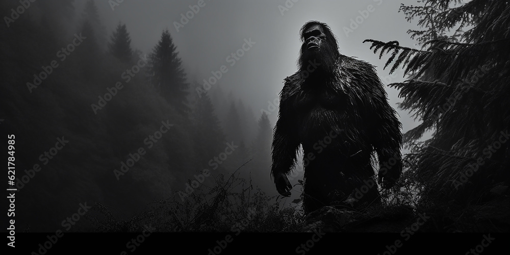Black and white portrait of a Bigfoot wood ape in a North American ...