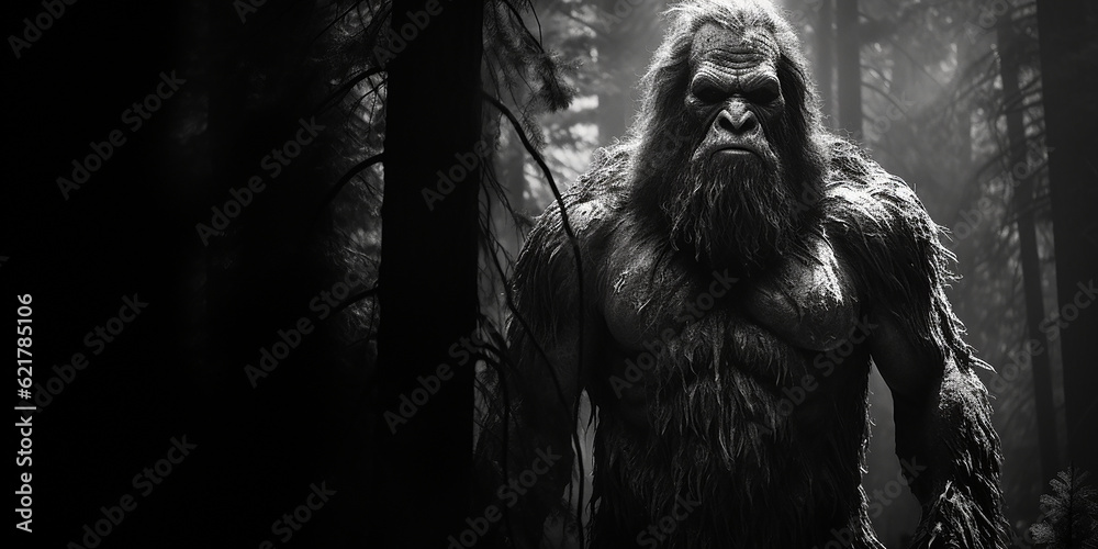 Black and white portrait of a Bigfoot wood ape in a North American ...