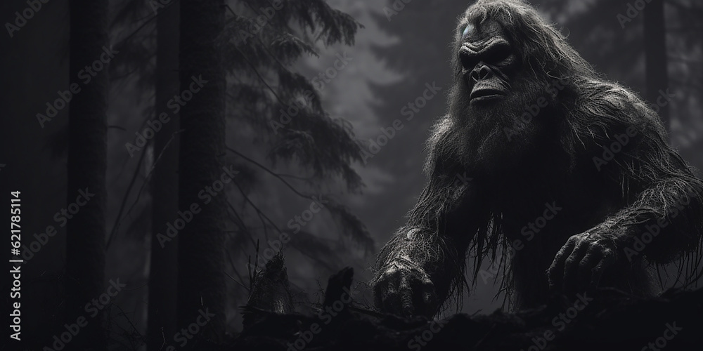 Black and white portrait of a Bigfoot wood ape in a North American ...