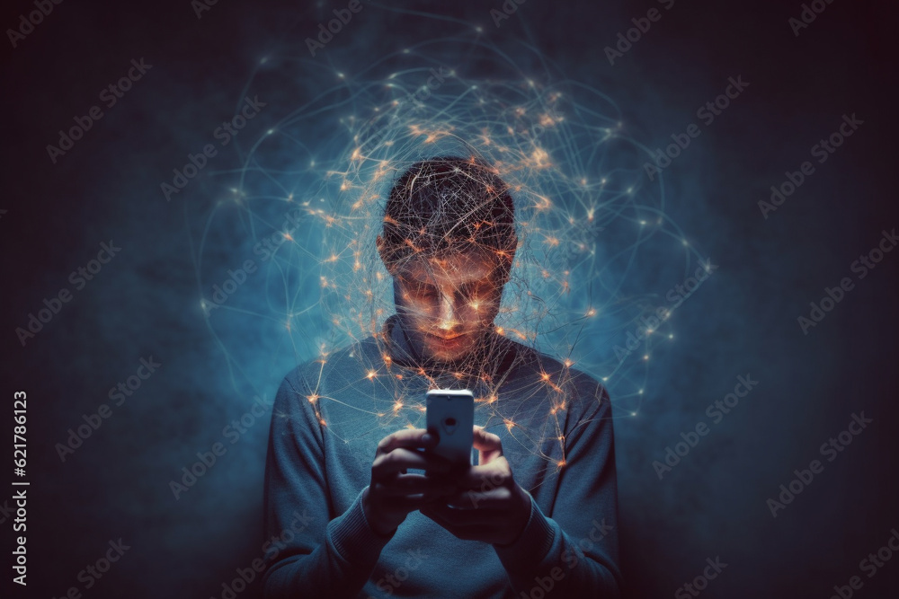 Man engrossed in his mobile phone, while his head is entangled with a ...