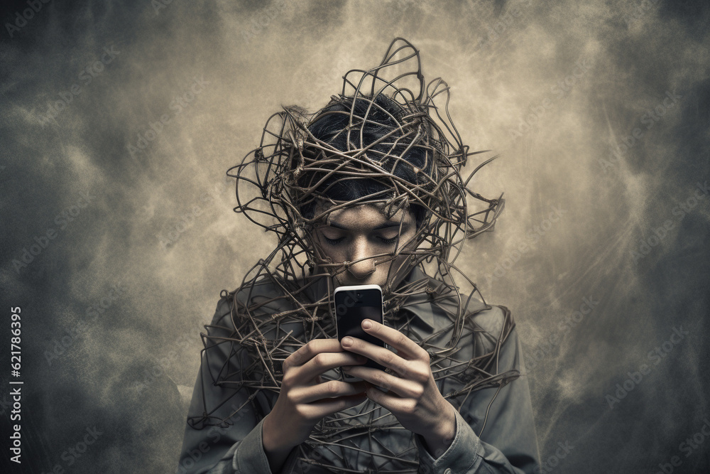 Man engrossed in his mobile phone, while his head is entangled with a ...